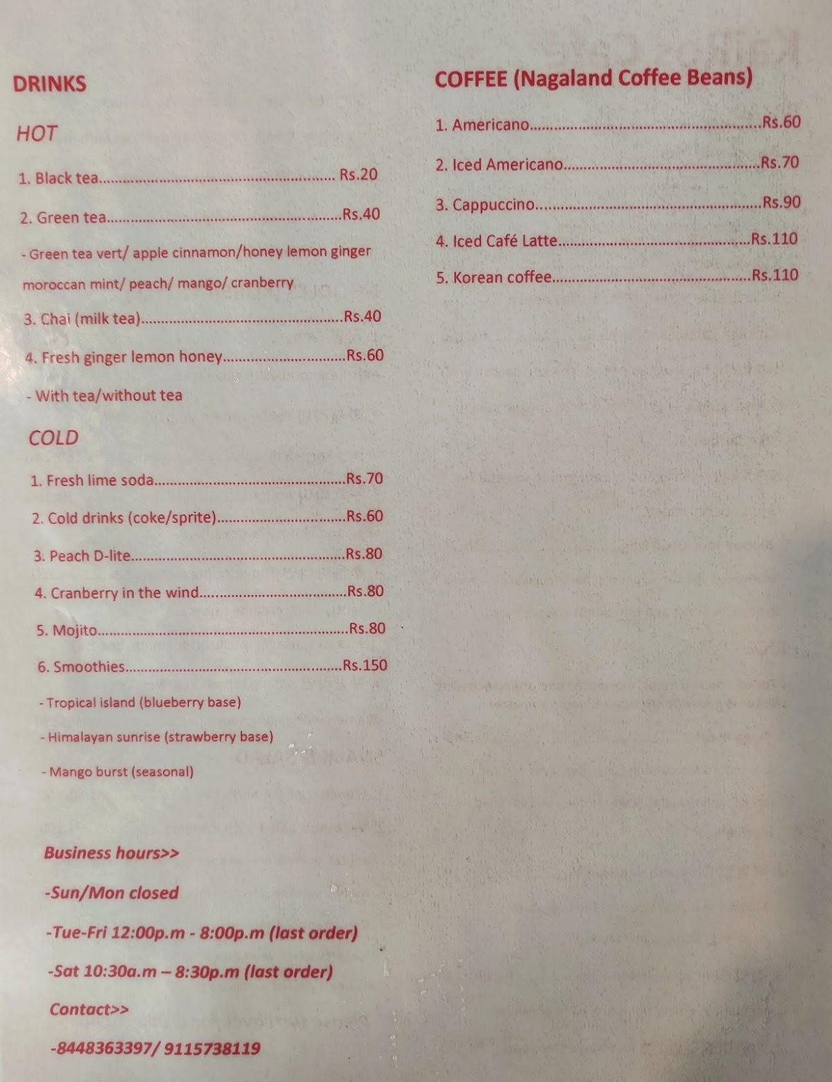 Menu at Kairos Cafe, Mussoorie