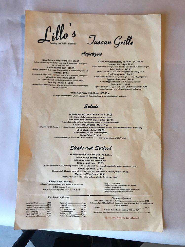 Menu at Lillo's Tuscan Grille pub & bar, Gulf Breeze, 51 Gulf Breeze Pkwy