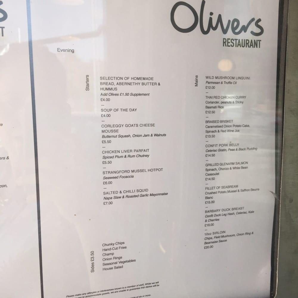 Menu at Olivers Restaurant, Belfast, 405 Upper Newtownards Rd