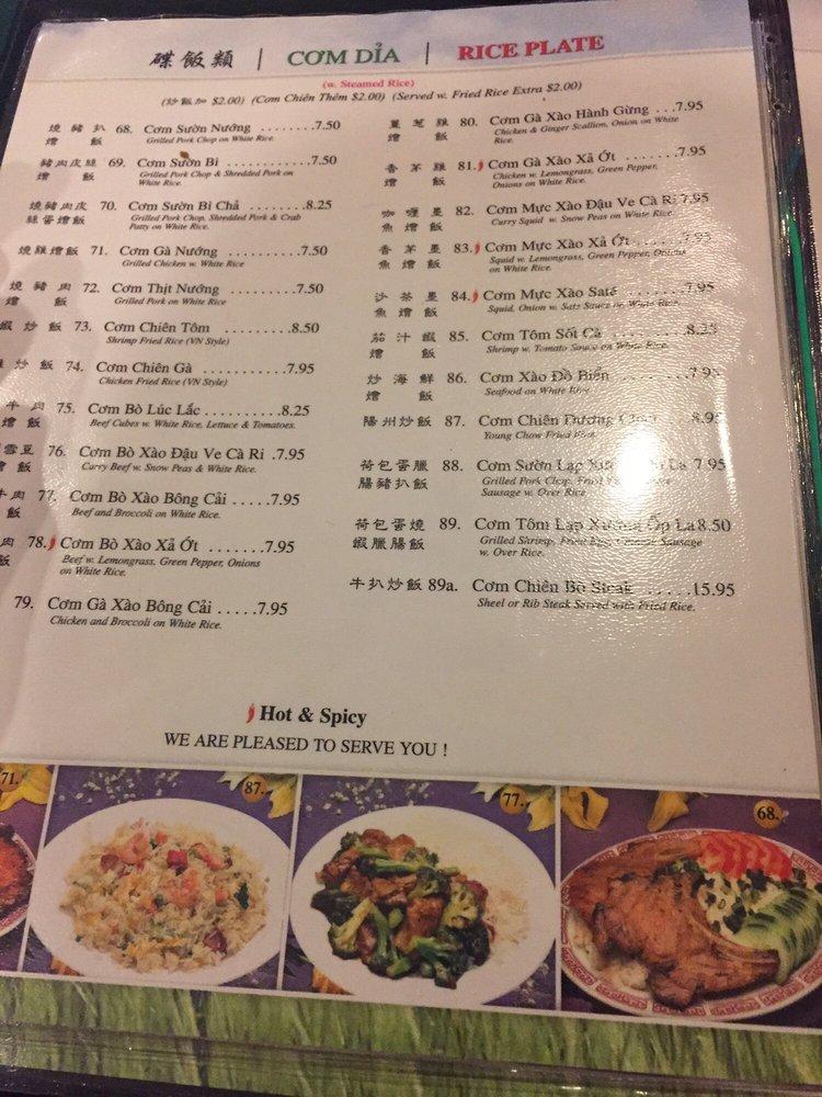 Menu at Pho Da Nang restaurant, South Amboy
