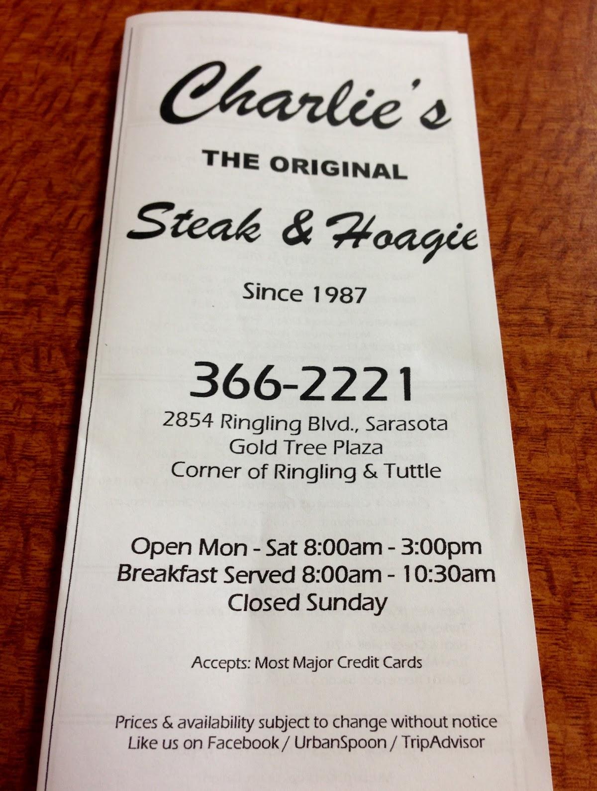 Menu at Charlie's Steak & Hoagie restaurant, Sarasota