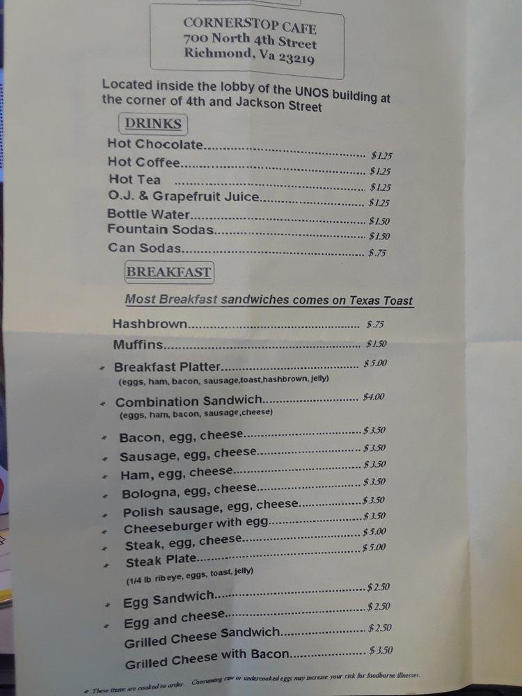 Menu at CornerStop Cafe, Richmond