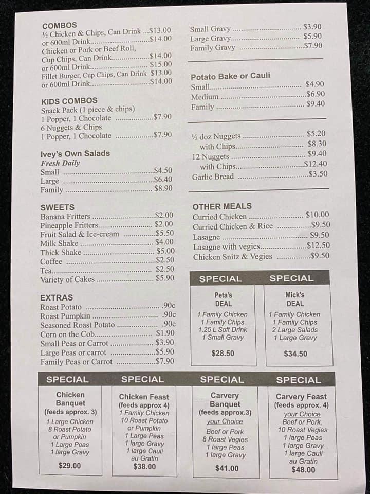 Menu at Ivey's Chicken & Carvery restaurant, Tinana, Shop 6/24 Gympie Rd