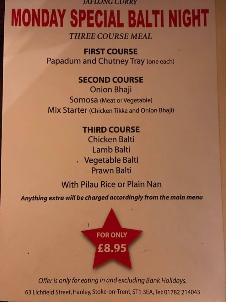 Menu at Jaflong Curry restaurant, Stoke-on-Trent