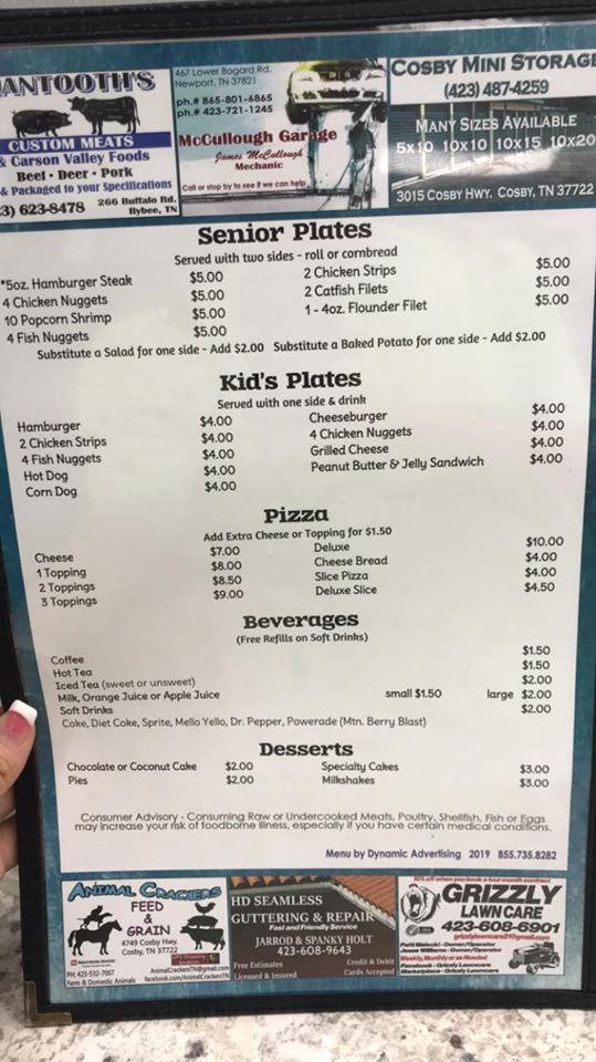 Menu at Janice's Diner restaurant, Cosby