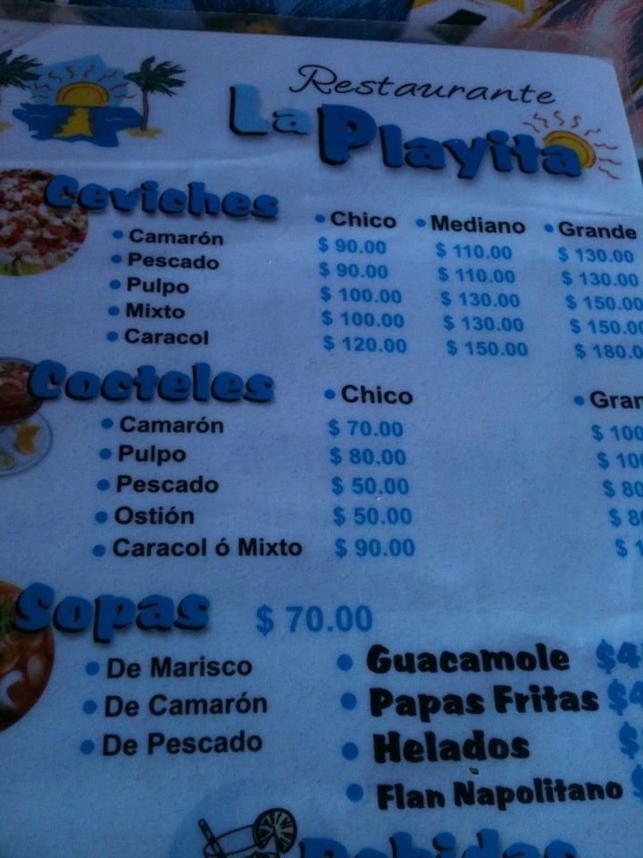 Menu at La Playita restaurant, Puerto Morelos