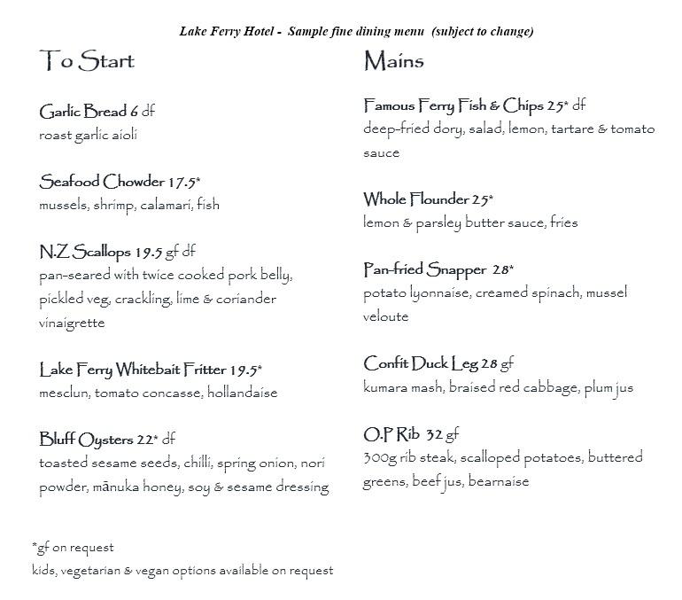 Menu at Lake Ferry Hotel restaurant, Lake Ferry