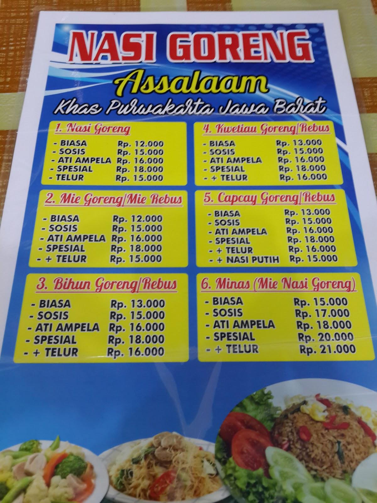 Menu at Nasi Goreng Assalaam restaurant, Pekanbaru