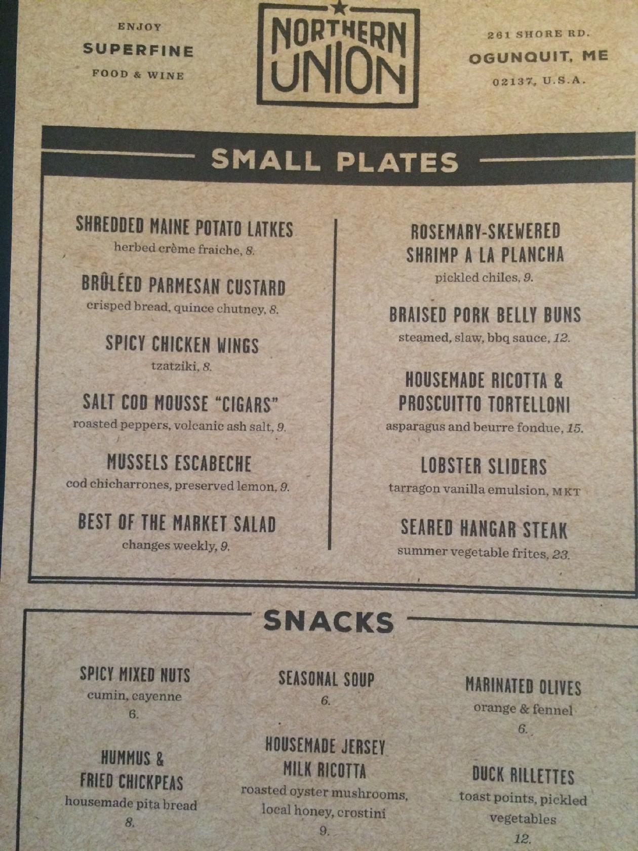 Menu at Northern Union pub & bar, Ogunquit
