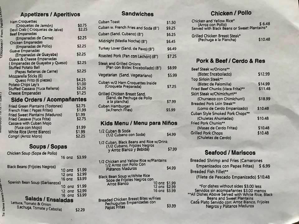Menu at Elena's Cuban Cafe, Lakeland