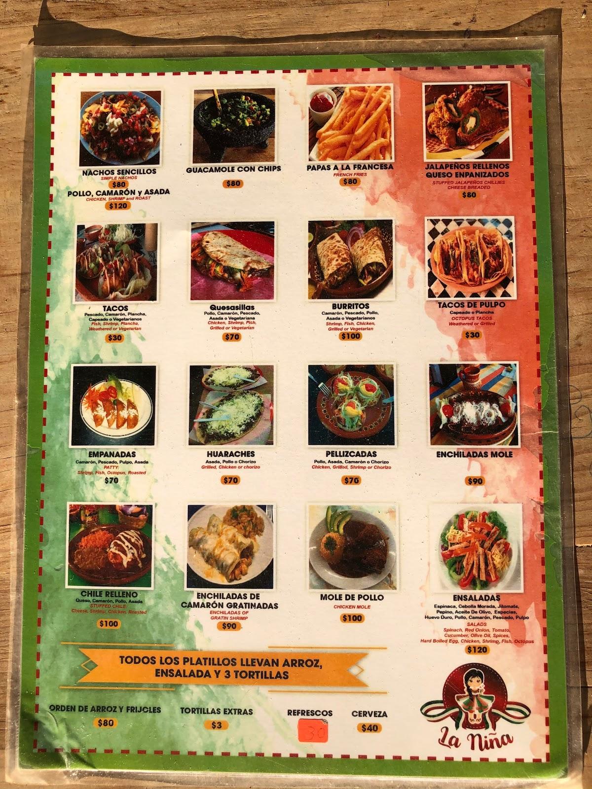 Menu at La Niña restaurant, Sayulita