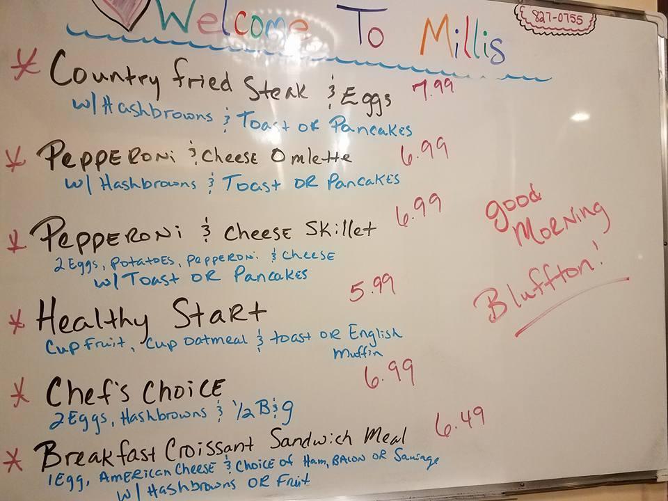 Menu at Milli's Restaurant, Bluffton