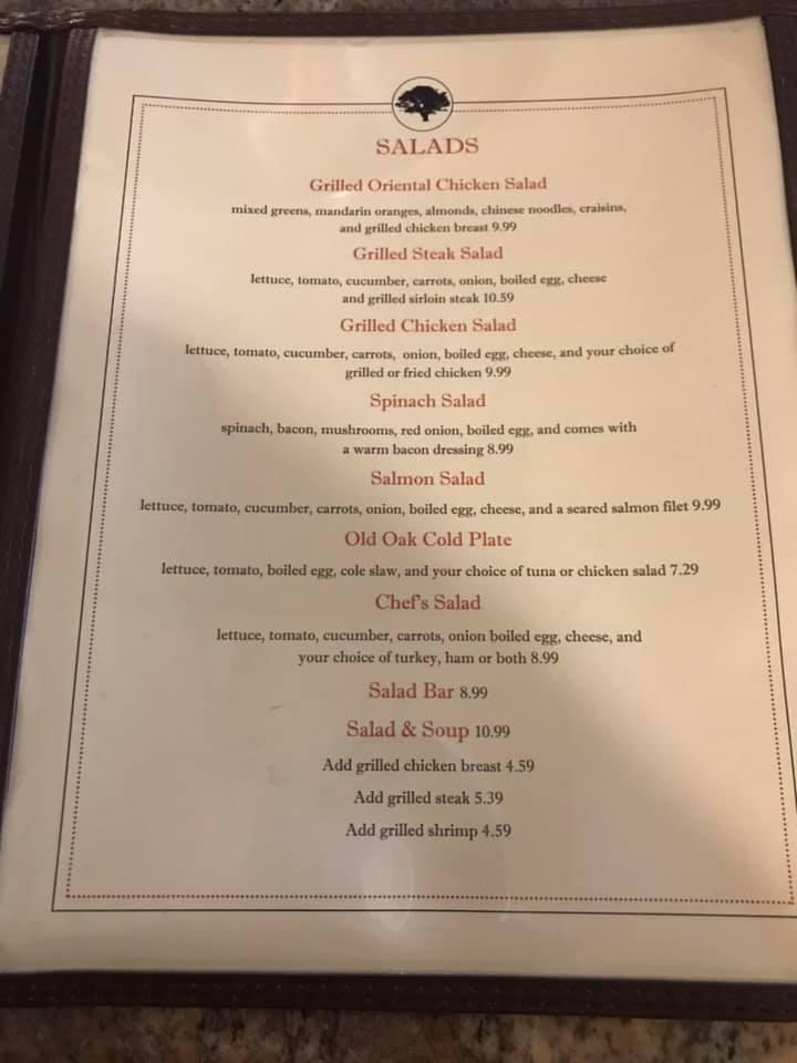 Menu at Old Oak Cafe, Westlake Corner