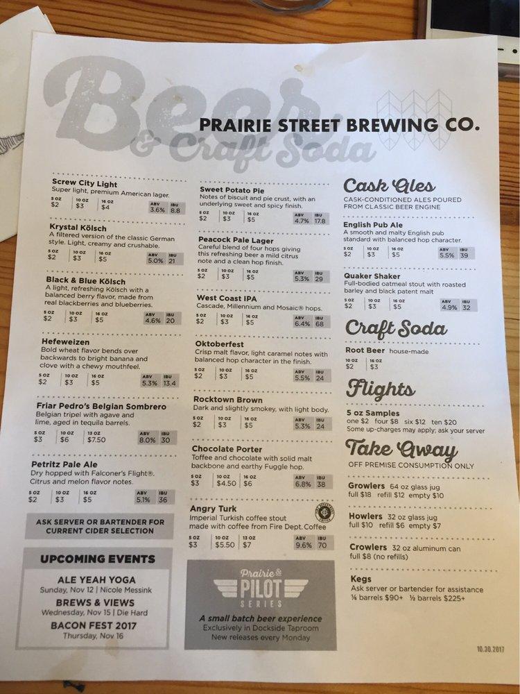 Menu at Prairie Street Brewing Co pub & bar, Rockford