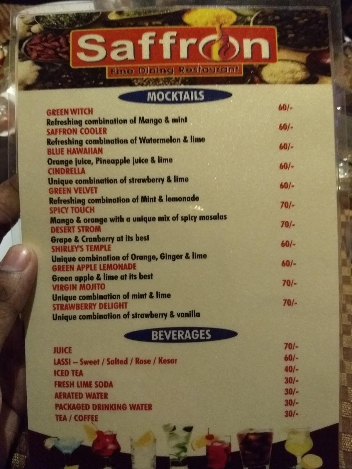 Menu at Saffron, Chakdaha