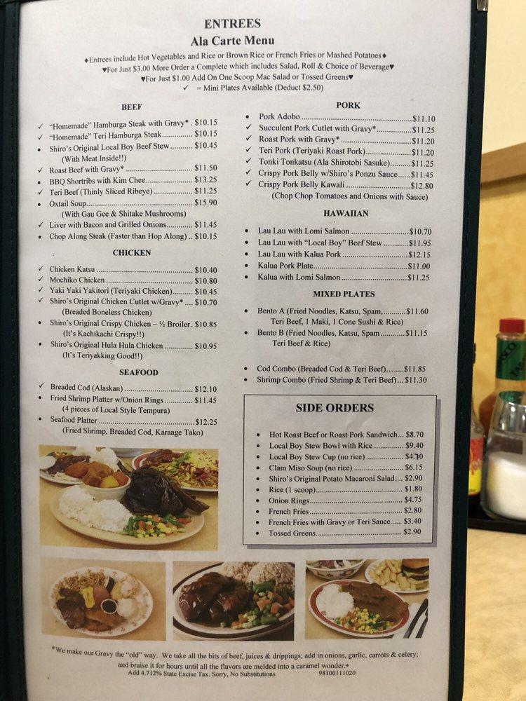 Menu at Shiro's Saimin Haven restaurant, Aiea