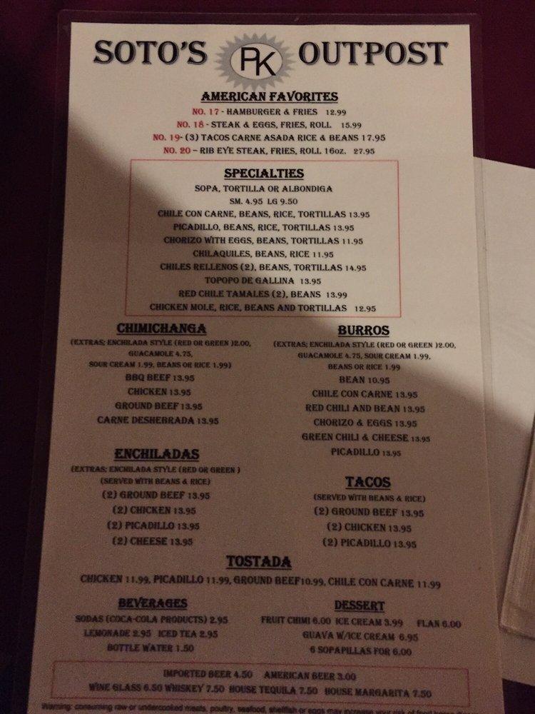 Menu at Soto's Outpost Mexican Restaurant, Tubac
