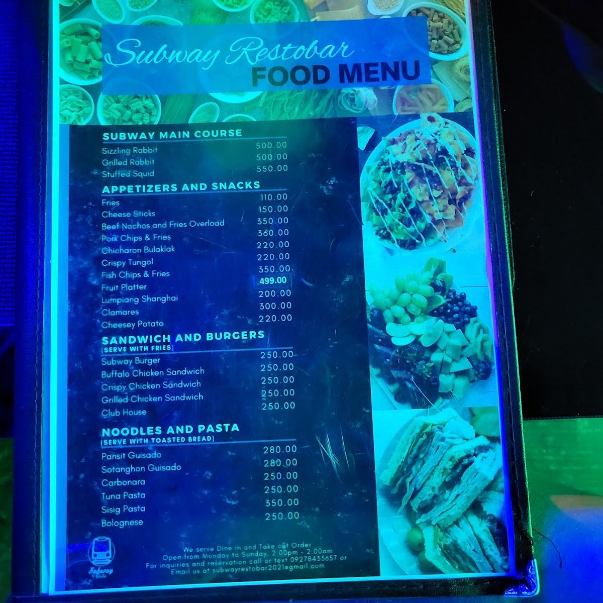 Menu at Subway Resto Bar, Legazpi City