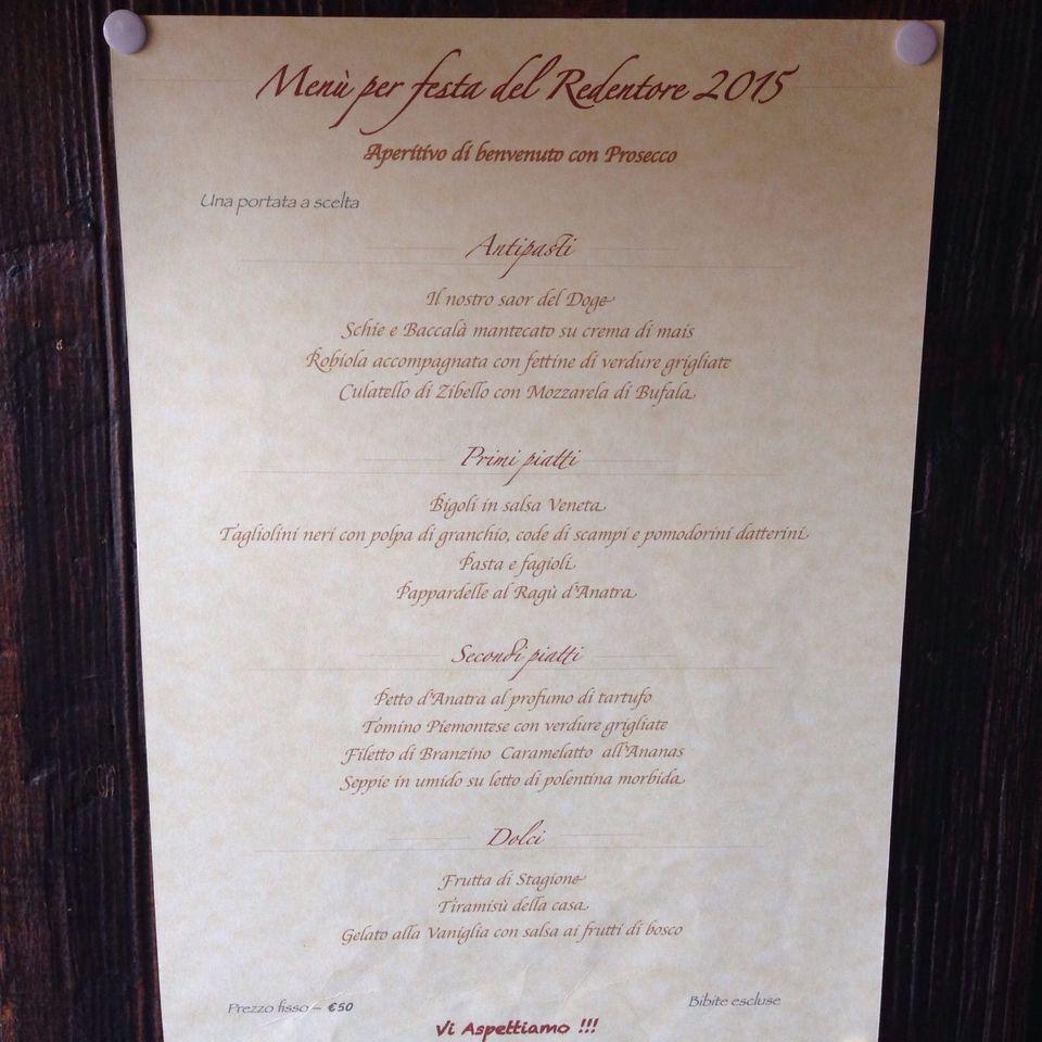 Menu da Taverna al Remer ristorante, Venezia