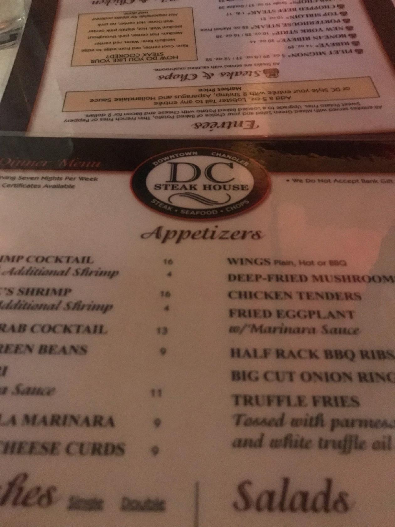 Carta del pub y bar DC Steak House, Chandler