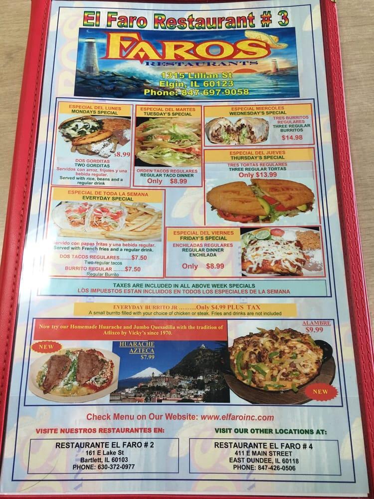 Menu at EL FARO MEXICANN CUISINE restaurant, Elgin, Lillian St
