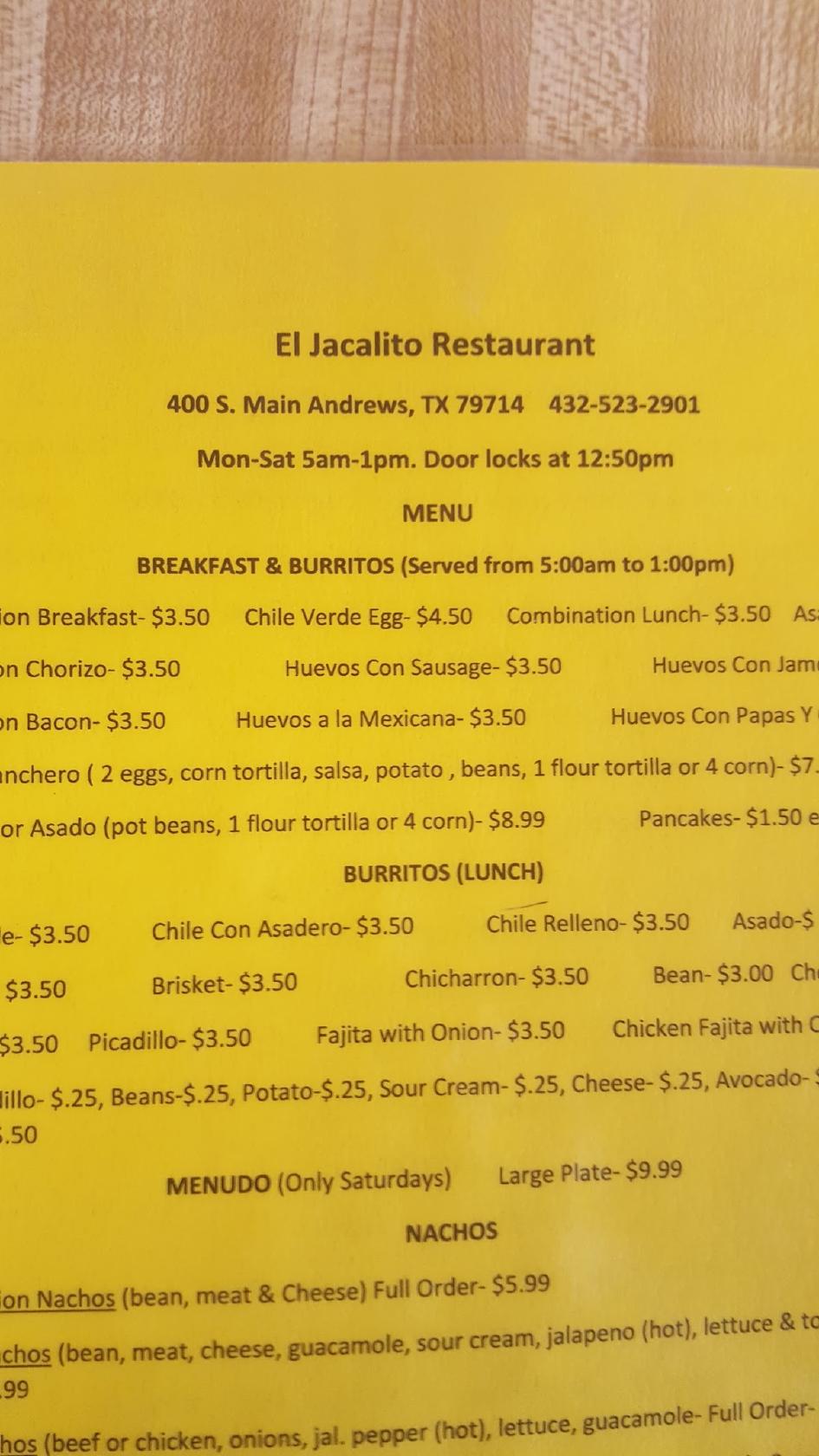 Menu at El Jacalito Restaurant, Andrews