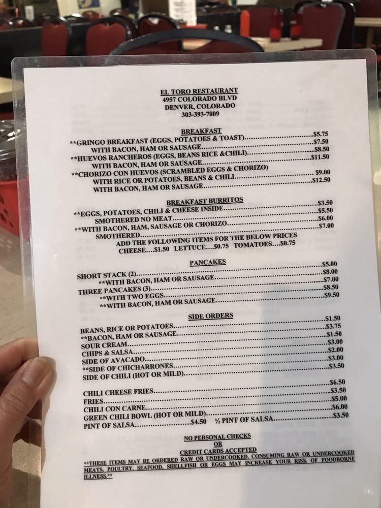 Menu at EL TORO restaurant, Denver