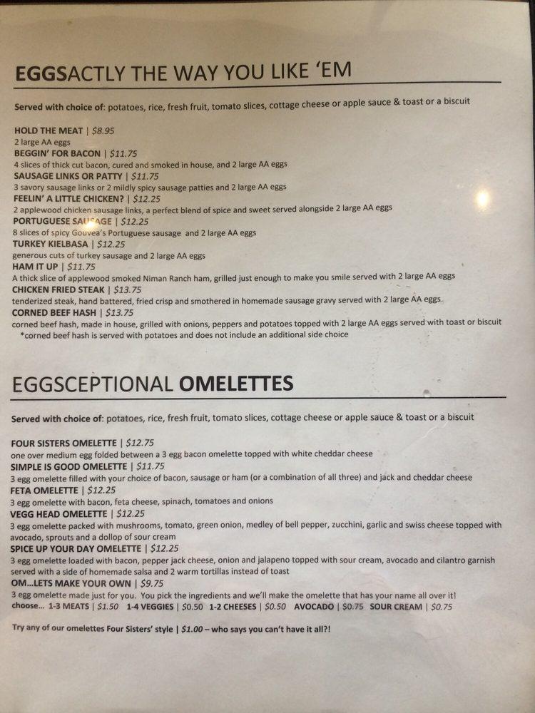Menu at Four Sisters Cafe, Roseville