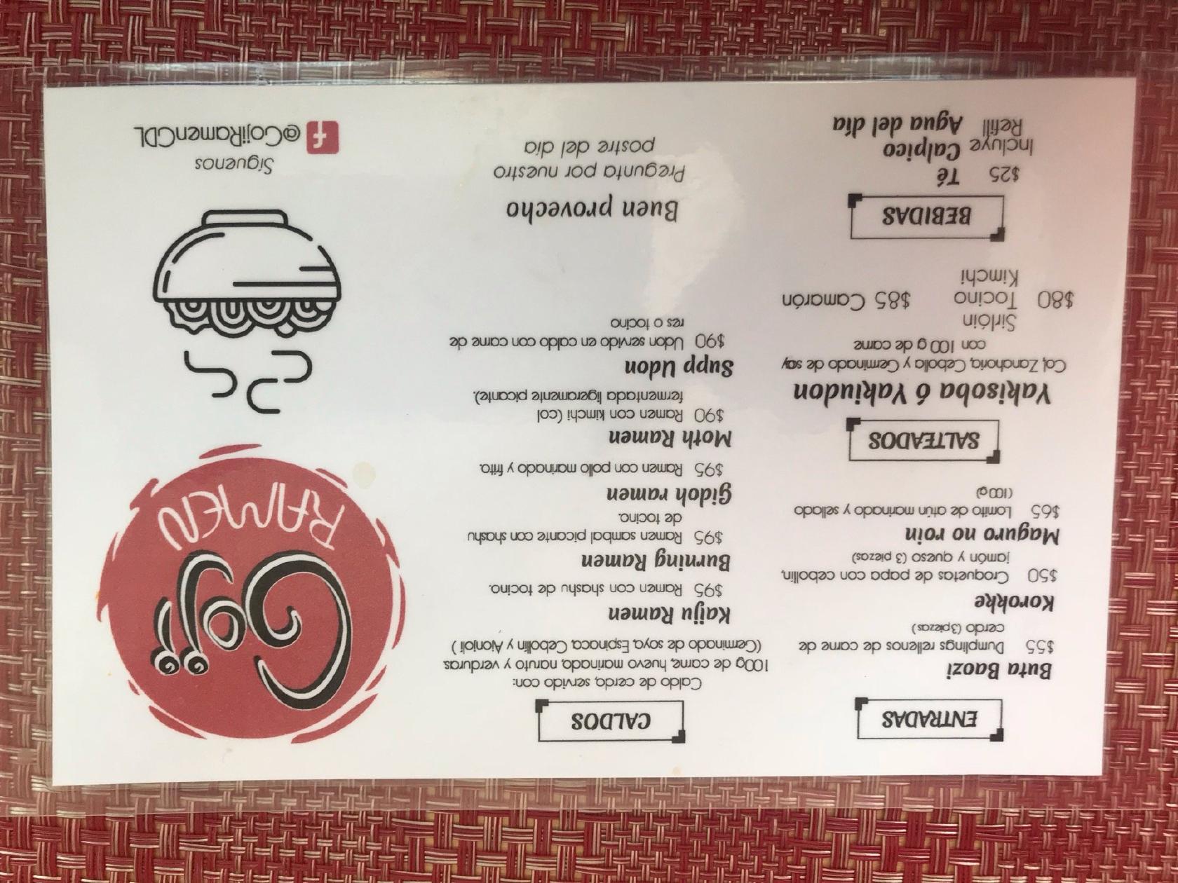 Menu at Goji Ramen restaurant, Zapopan