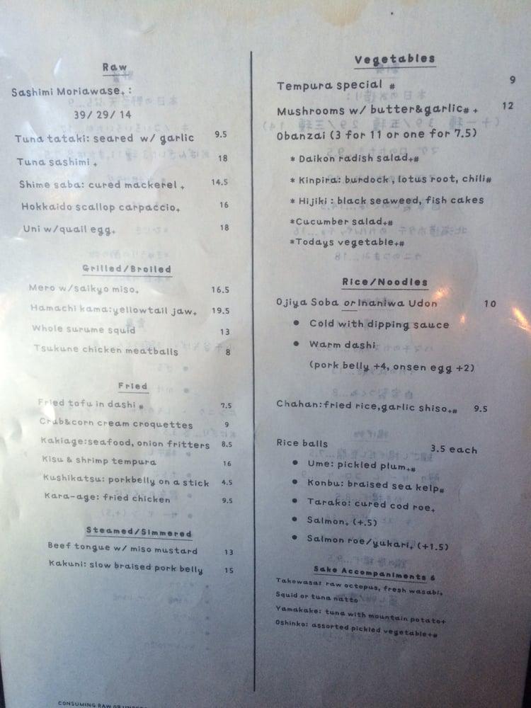 Menu at Izakaya Seki restaurant, Washington