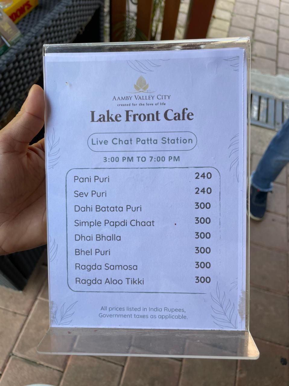 Menu at Lake front cafe, Aamby Valley, JCG2+49R