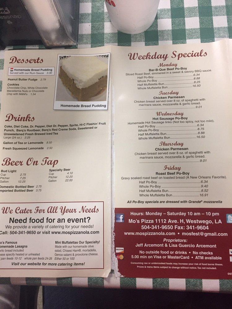Menu at Mo's Pizza pizzeria, Westwego