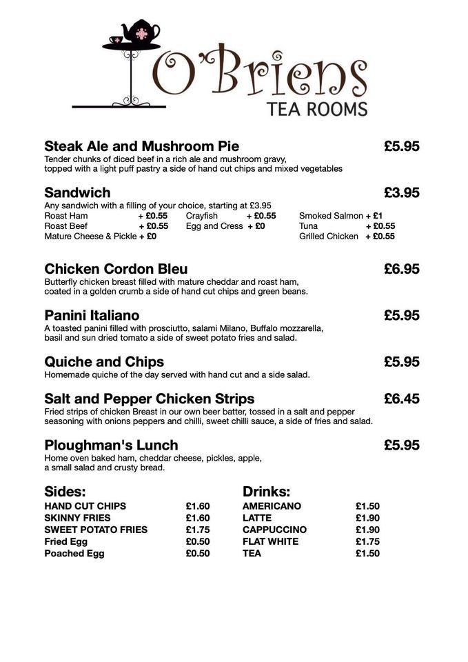 Menu at O'Briens Tea Rooms cafe, Ormskirk