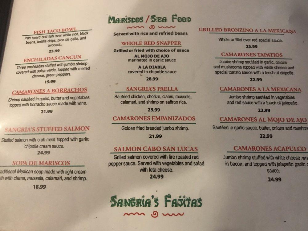 Menu at Sangria's Mexicana Restaurant & Tequila Bar, Congers