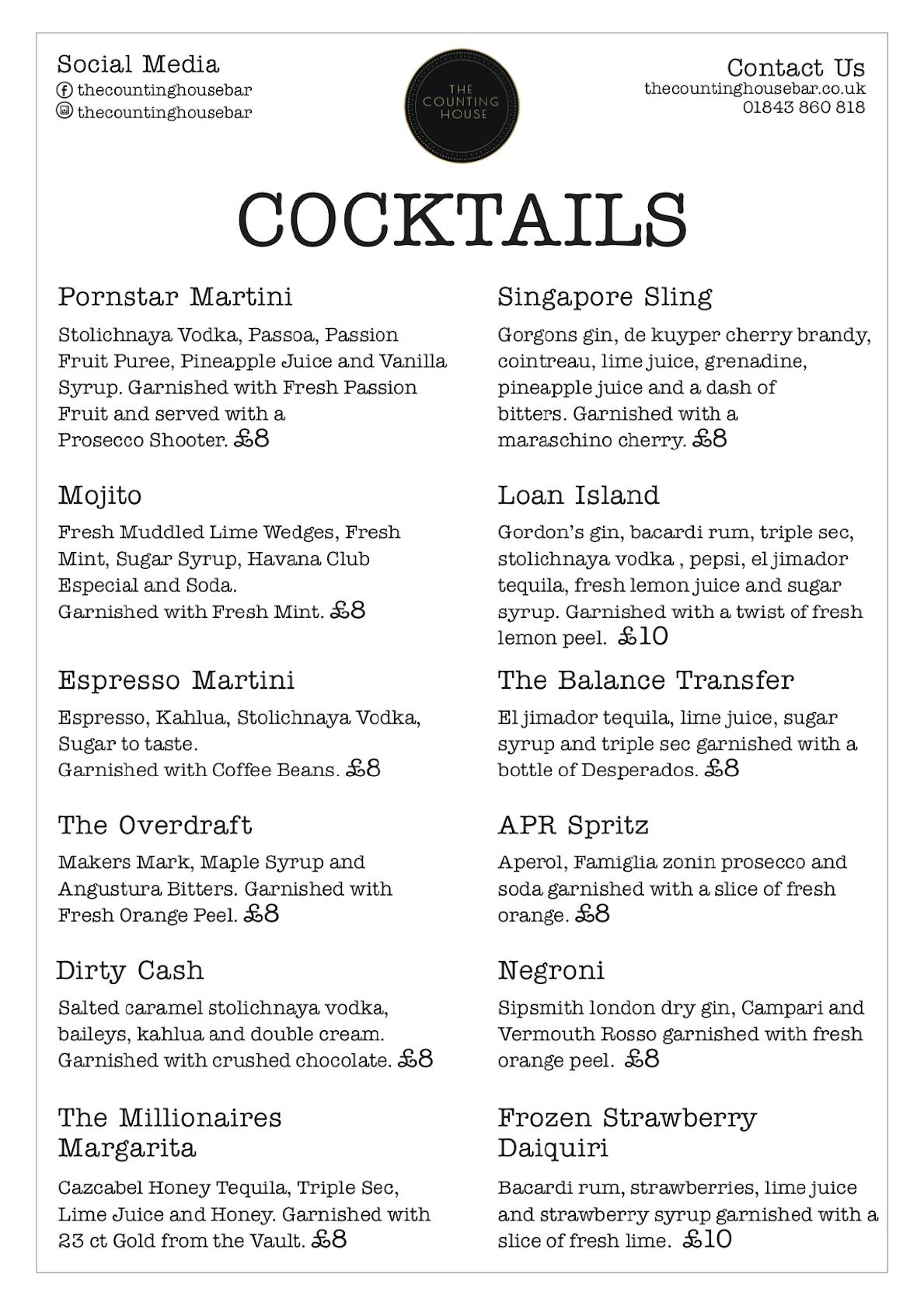 Carta de The Counting House Bar - Karaoke Gold, Broadstairs