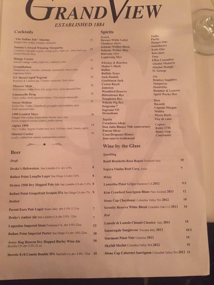 Menu at The Grandview Restaurant, San Jose, Mt Hamilton Rd