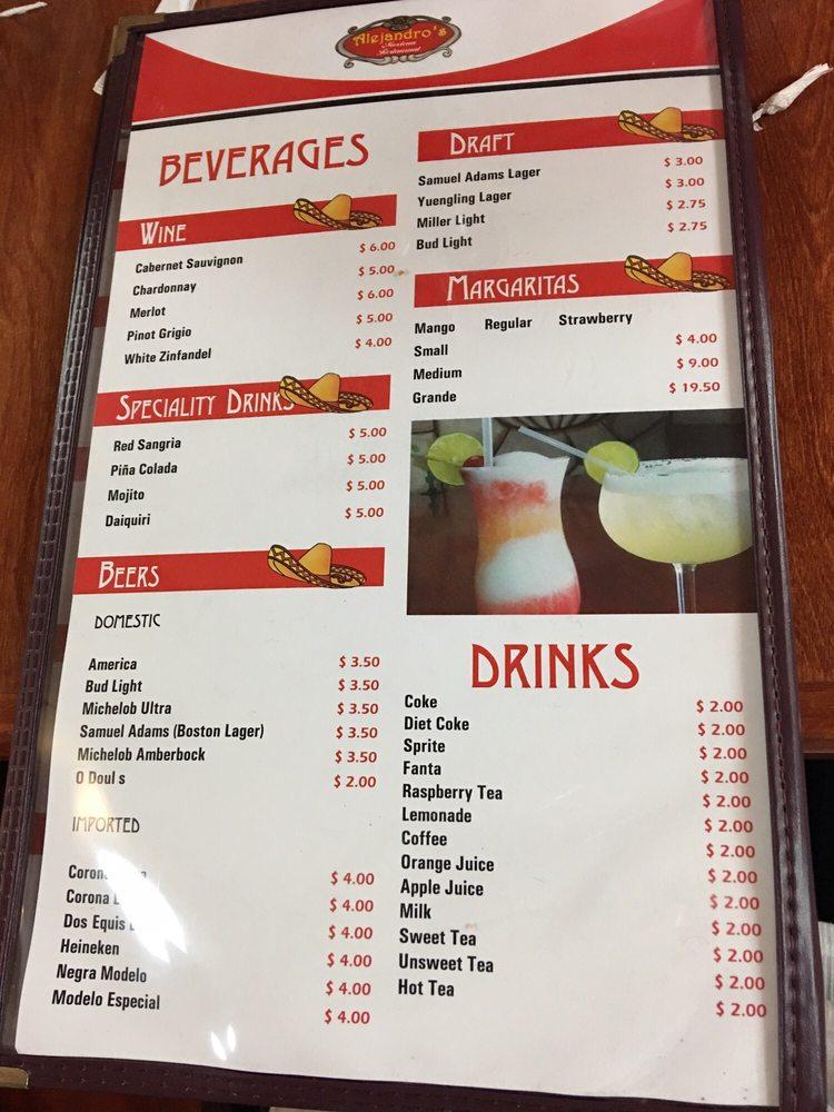 Menu at Alejandro's restaurant, Brooksville