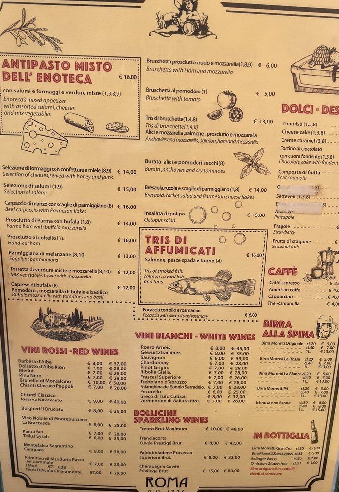 Menu da Antica Enoteca pub & bar, Roma, Via della Croce