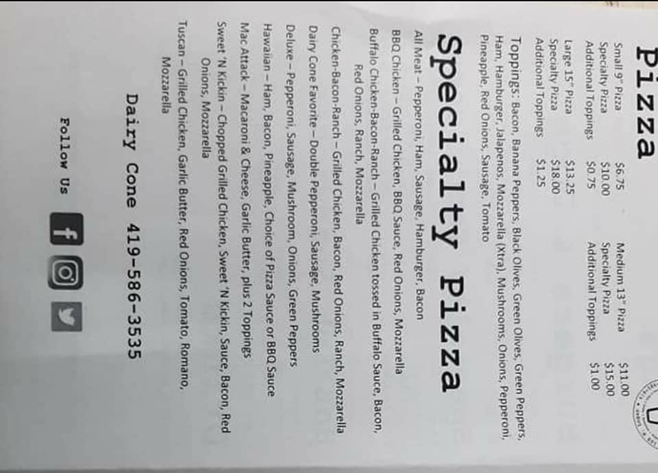 Menu at Dairy Cone pizzeria, Celina, 109 W Logan St