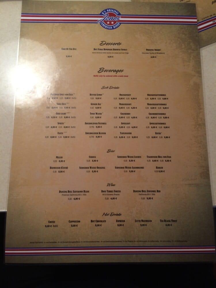 Menu at Jones Original American Diner restaurant, Munich