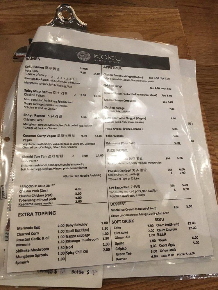 Menu at KOKU RAMEN restaurant, West New York