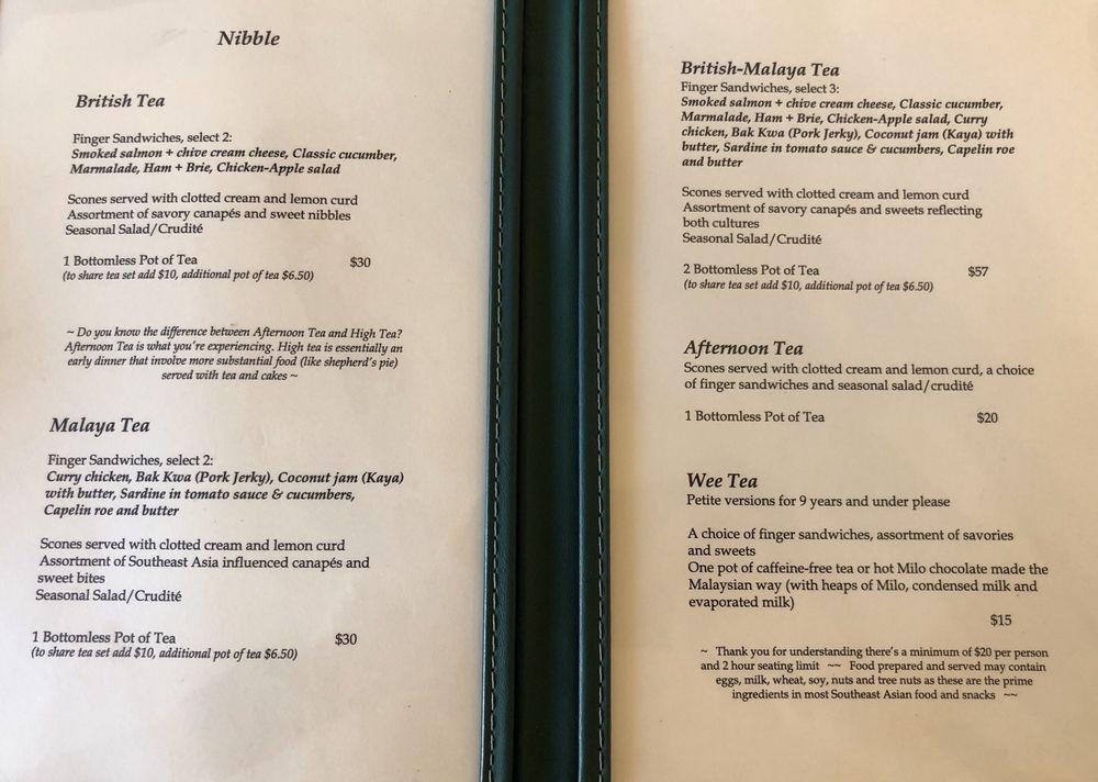Menu at Malaya Tea Room restaurant, Alameda