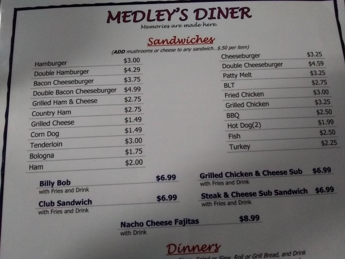 Menu at Medley's Diner restaurant, Morrison, 7783 Manchester Hwy