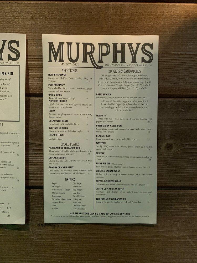 Menu at Murphy's on the River restaurant, Corvallis