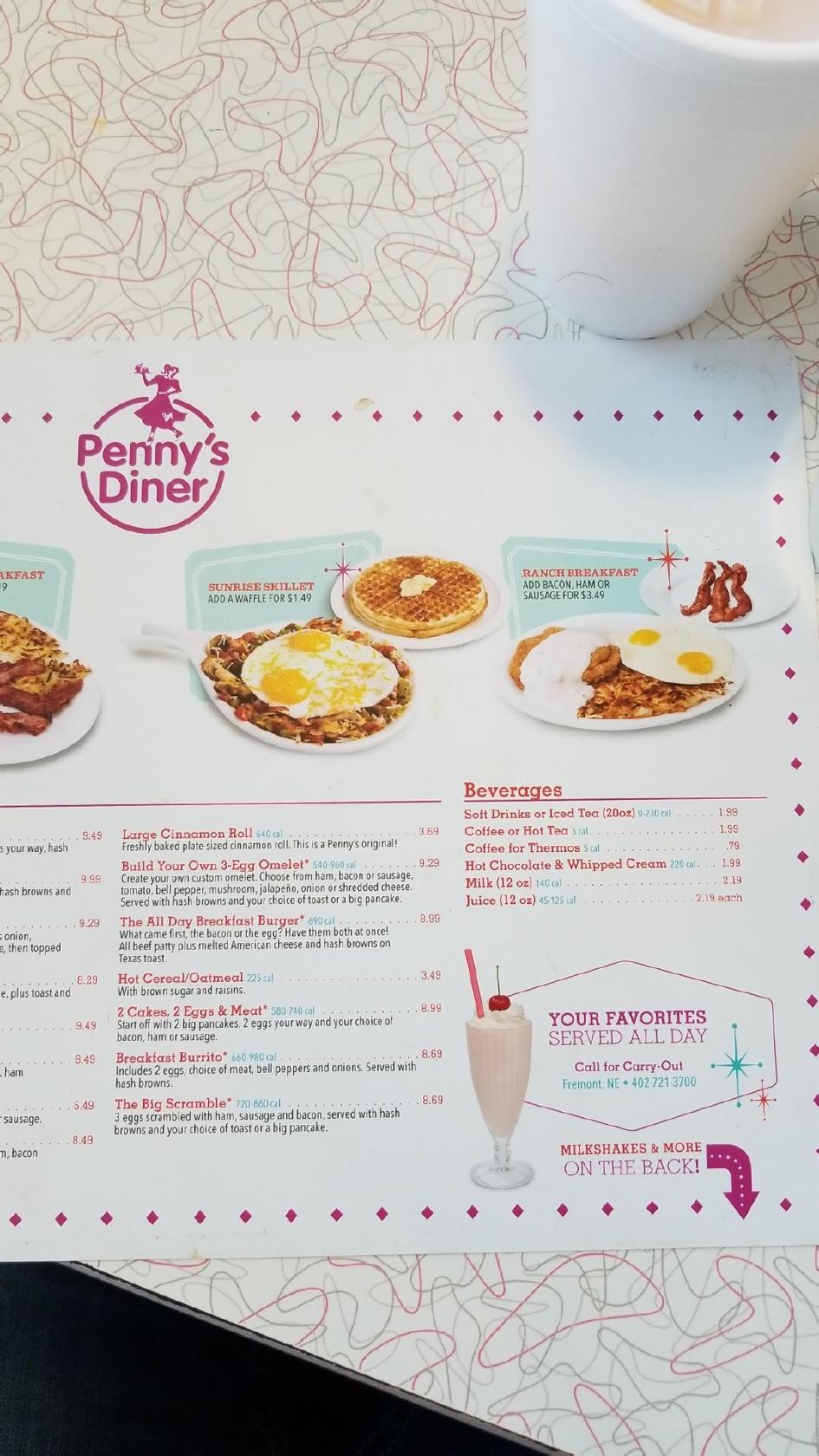 Menu at Penny's Diner restaurant, Fremont