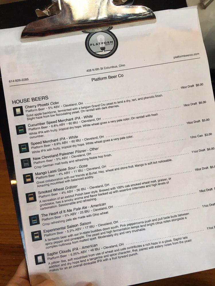 Menu at Platform Beer pub & bar, Columbus