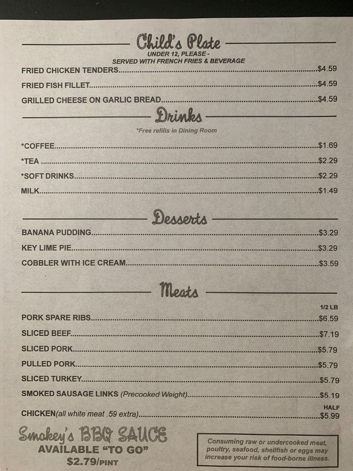 Menu at Smokey's BBQ, Pensacola, Pensacola Blvd