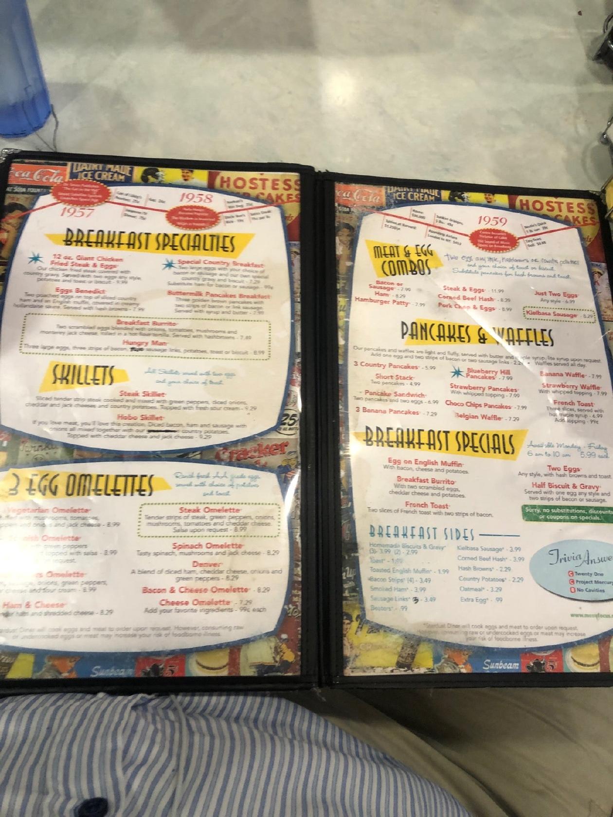 Menu at Stardust Diner cafe, Vancouver