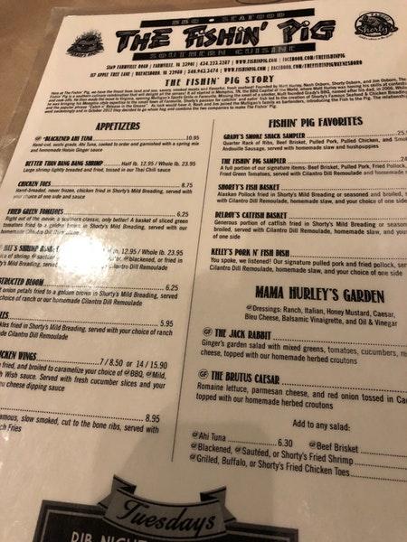 Menu at The Fishin' Pig Waynesboro BBQ, Waynesboro