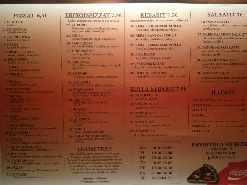 Menu at Venetsia pizzeria, Rovaniemi